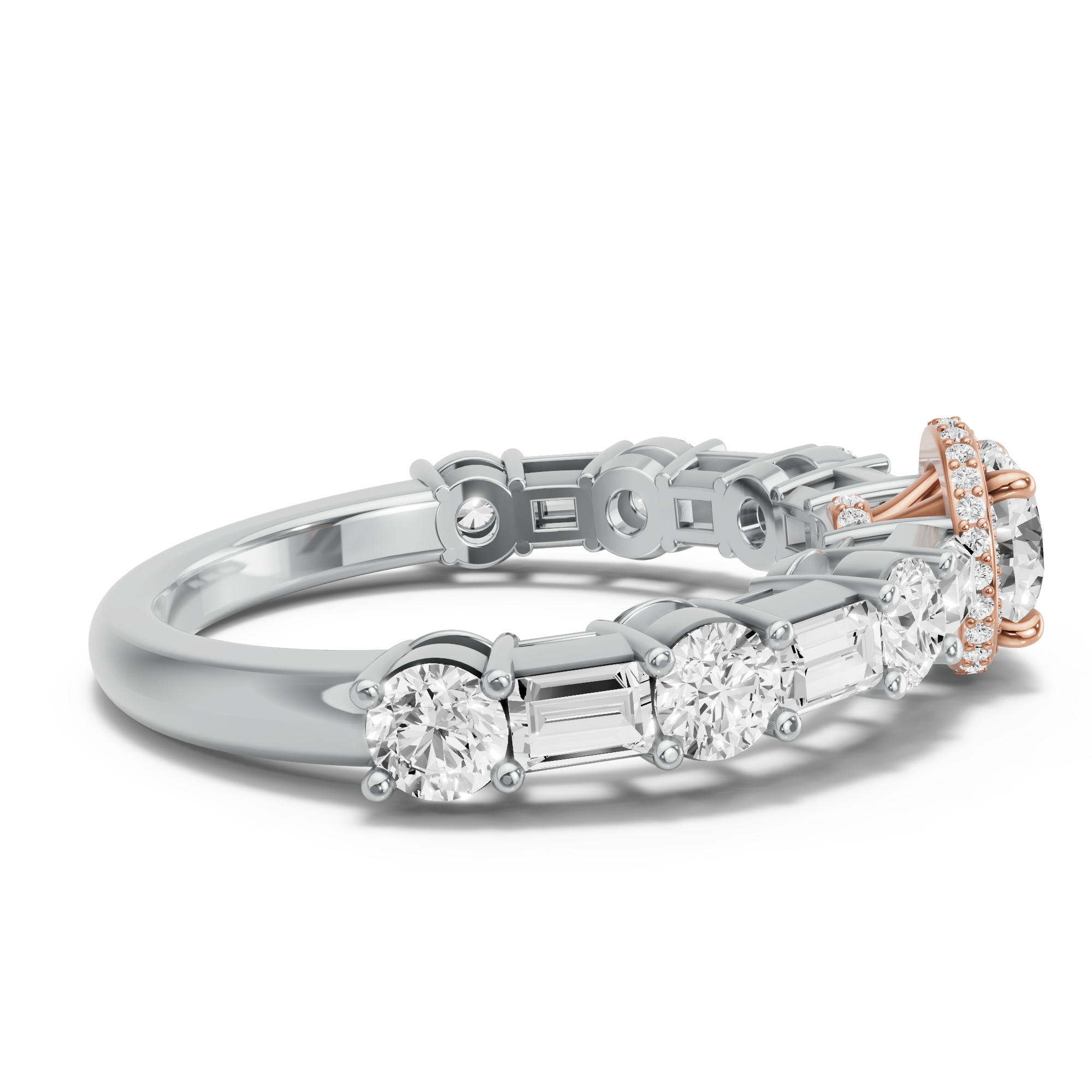 Round Dual Halo Ring with Alternating Baguette band – Antiquecut