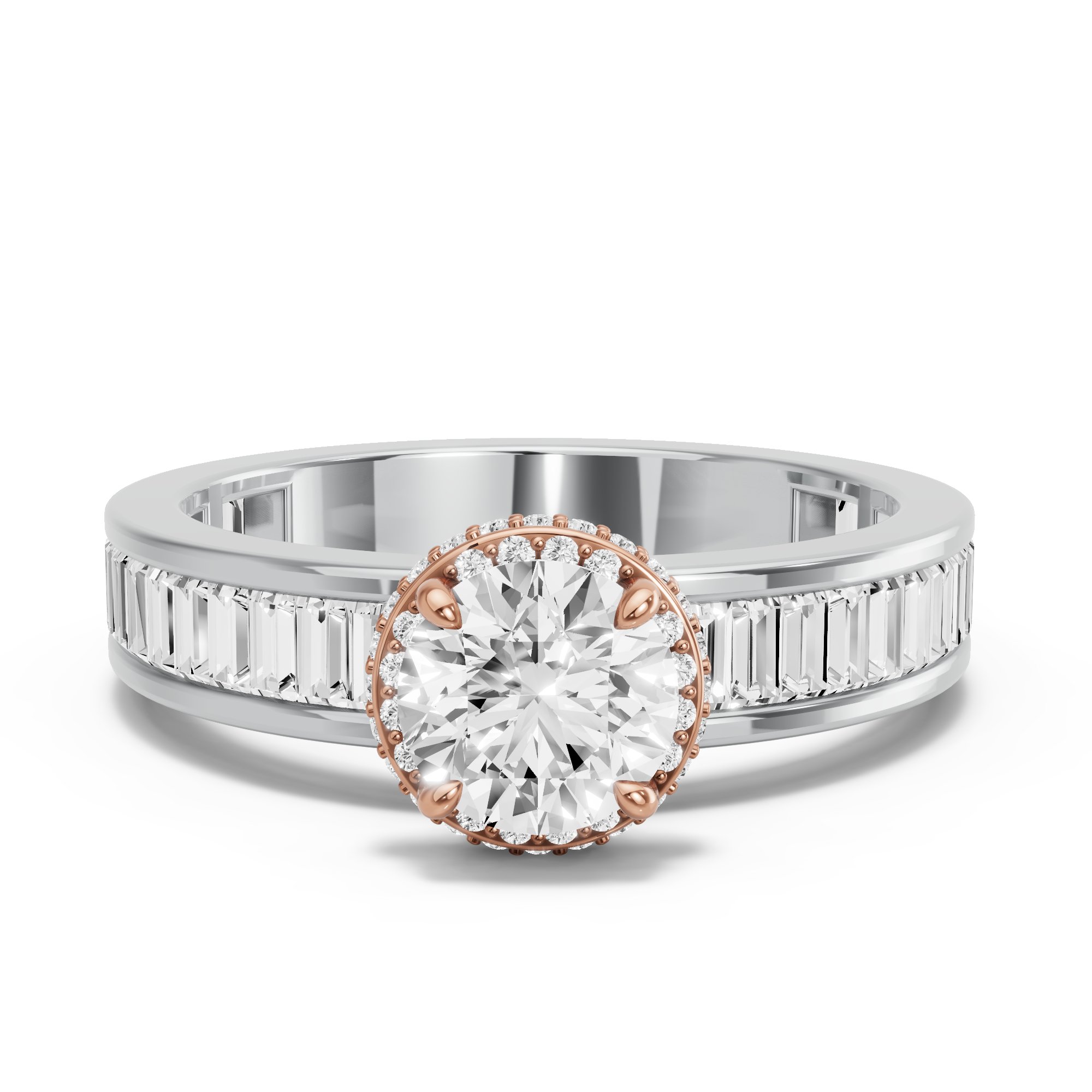 Round Dual Halo Ring with Baguette Channel band – Antiquecut